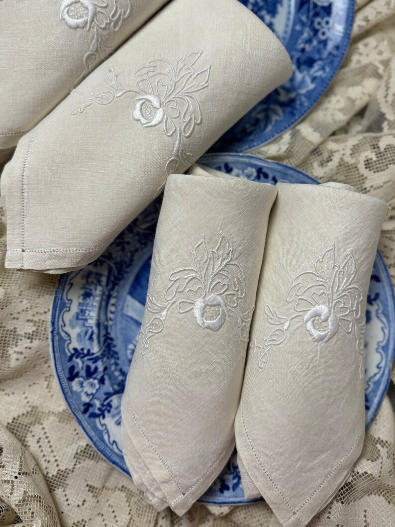 Four 4 Vintage Italian Table Napkins, Handmade Embroidery, Ecru Fine ...