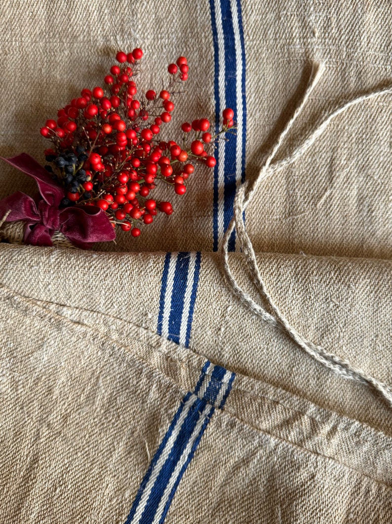 Antique Grain Sack With Central Blue/white Stripes - Homespun/handwoven ...