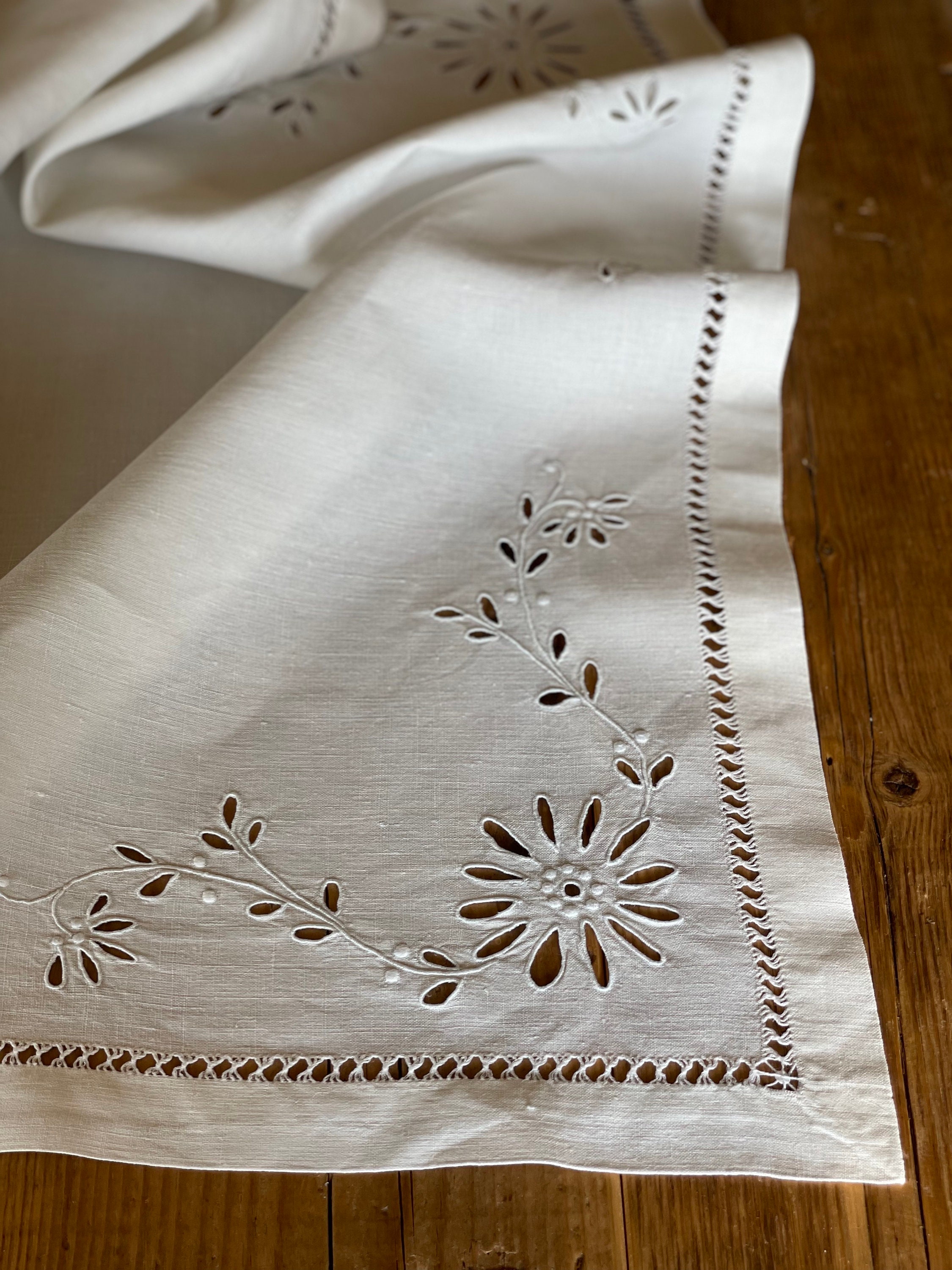 French Handmade Tablecloth or Table Topper Cutwork Embroidery and Drawn ...