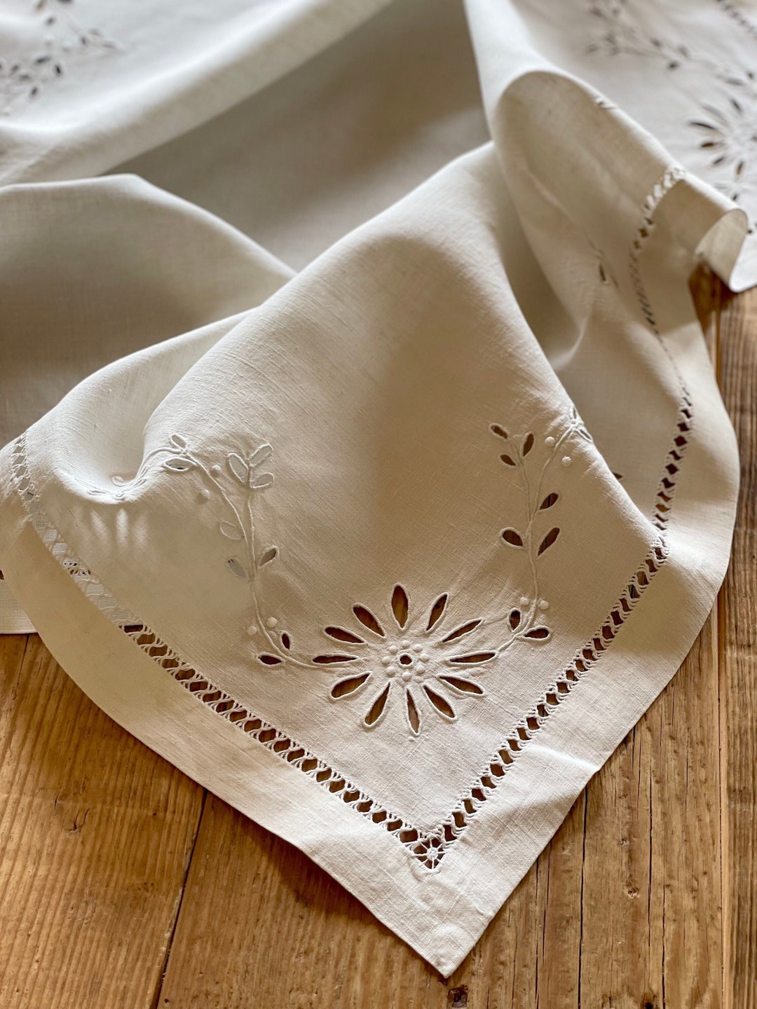 French Handmade Tablecloth or Table Topper Cutwork Embroidery and Drawn ...