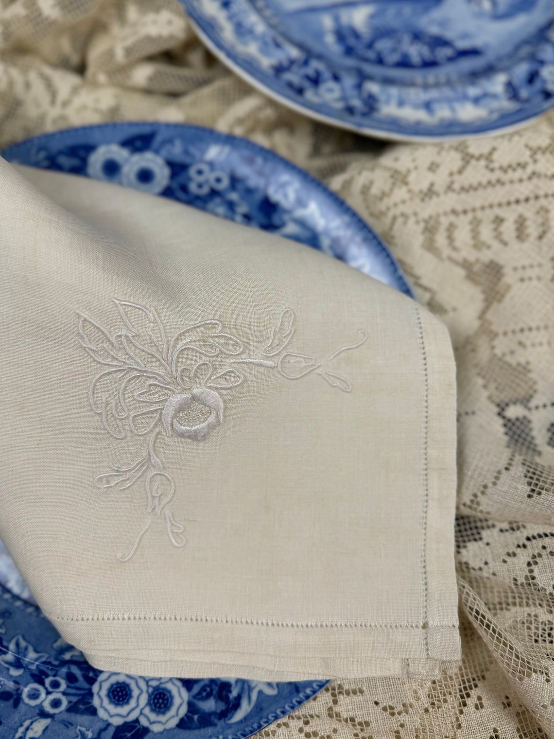 Four (4) Vintage Italian Table Napkins, Handmade Embroidery, Ecru Fine ...