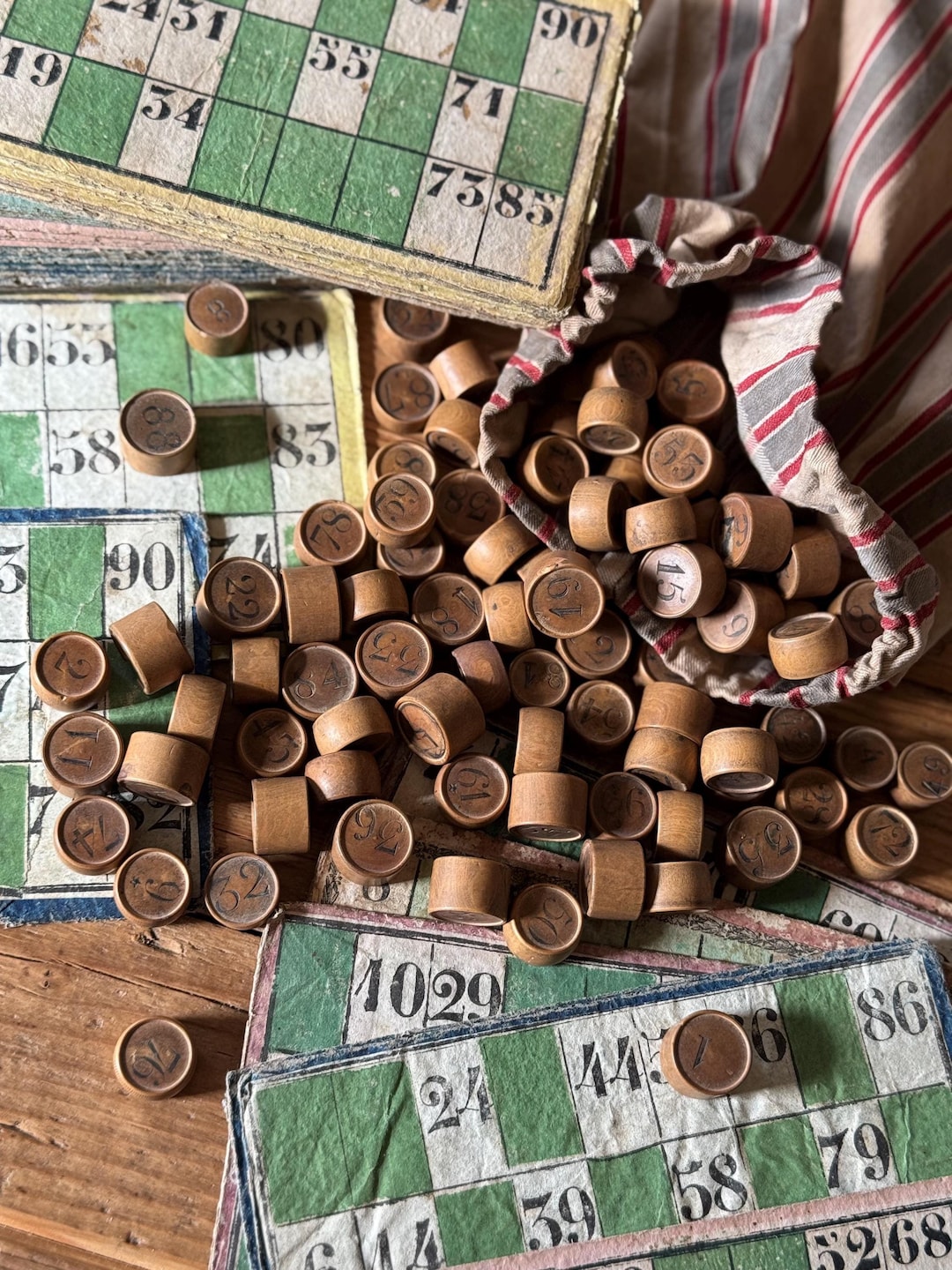 1800s Authentic French Jeu De Loto, Complete 1-90 Numbered Discs, 42 ...