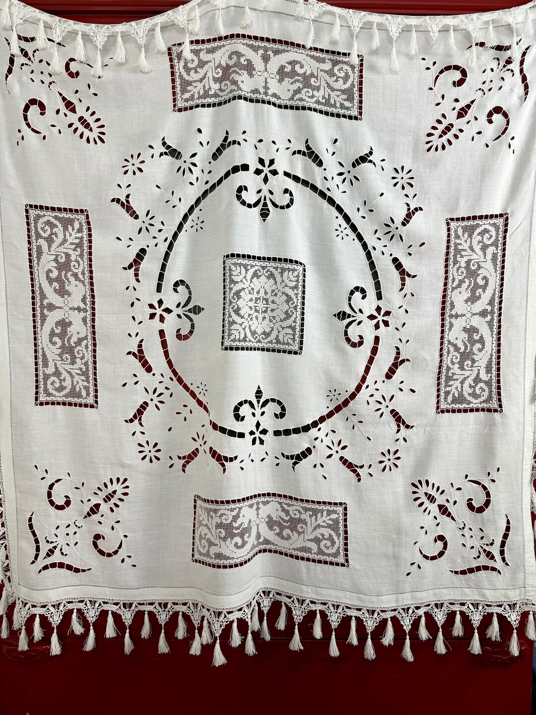 Antique French Tablecloth or Table Topper, Handmade Embroidery and Lace ...