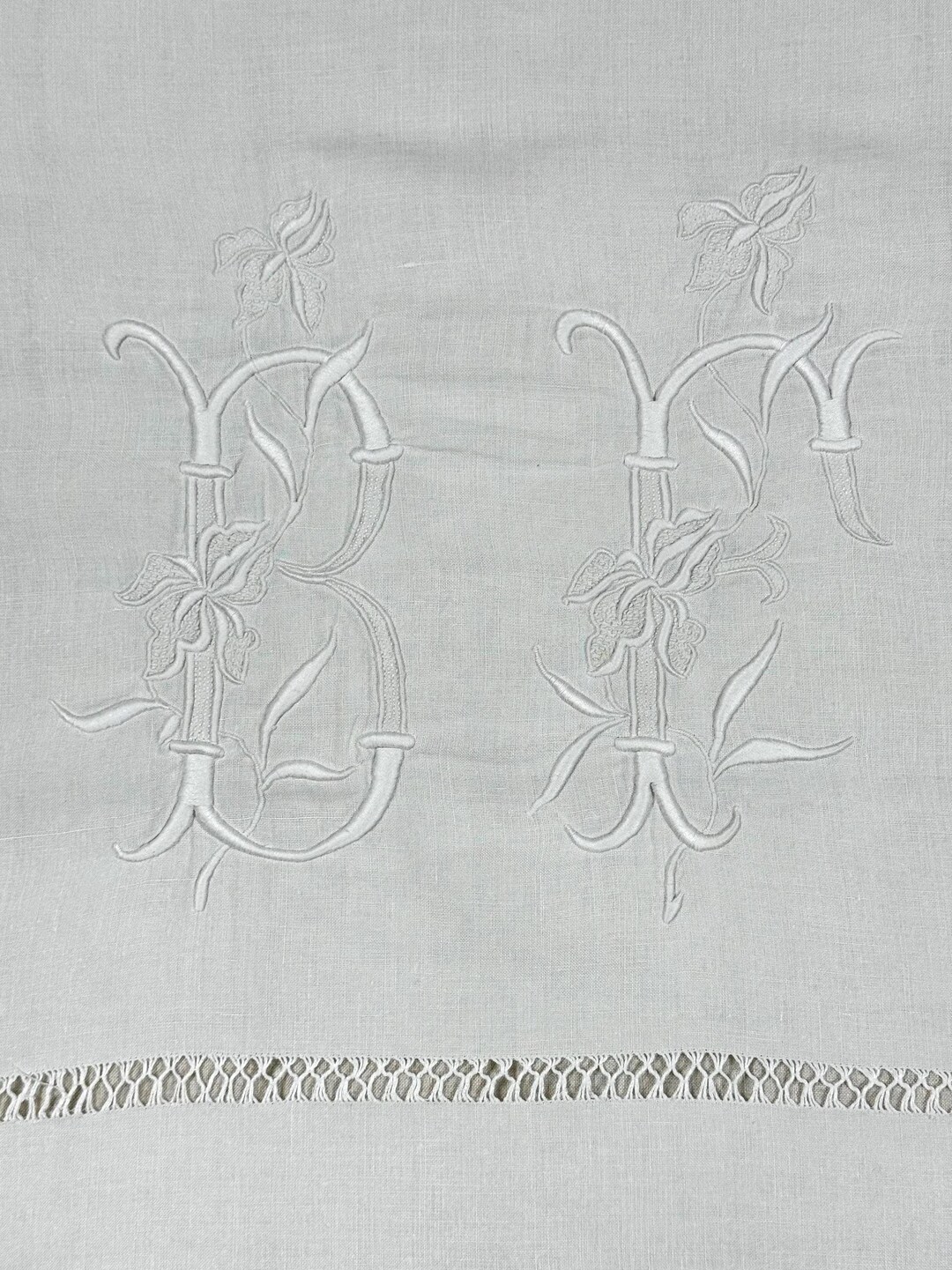 HUGE Antique Italian Linen Bed Sheet, Handmade Monogrammed Embroidery ...