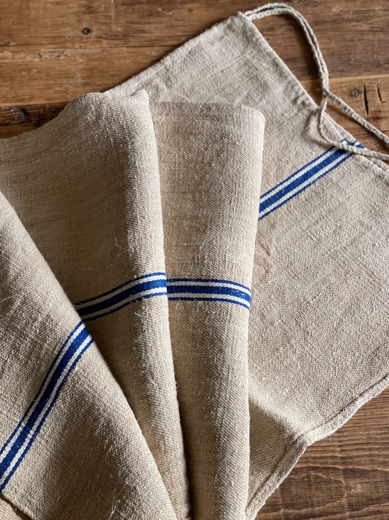 Antique Grain Sack With Central Blue/white Stripes - Homespun/handwoven ...