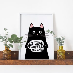 Cat Art Coffee Print | I Love Coffee and Cats Mug | Pet Portrait Cat ...