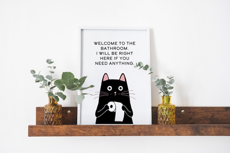 Bathroom Cat Art Print | Welcome to the Bathroom | Pet Portrait Cat ...