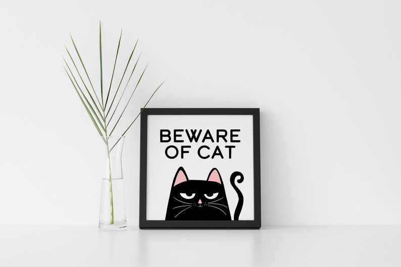Funny Cat Art Print | Beware of Cat | Cat Pet Wall Decor | Cat Lover ...