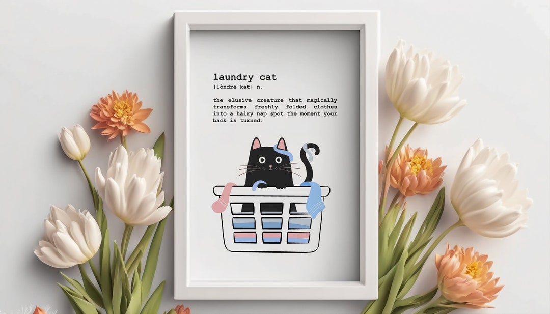 Funny Laundry Cat Art Print | Pet Portrait Cat Wall Decor | Cat Lover ...