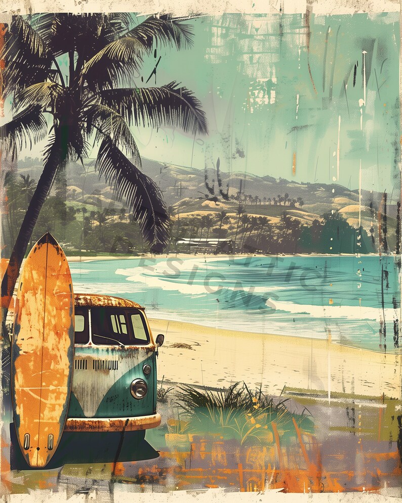Retro Surfboard and Classic Van Beach Art Print - Vintage Surf Scene ...