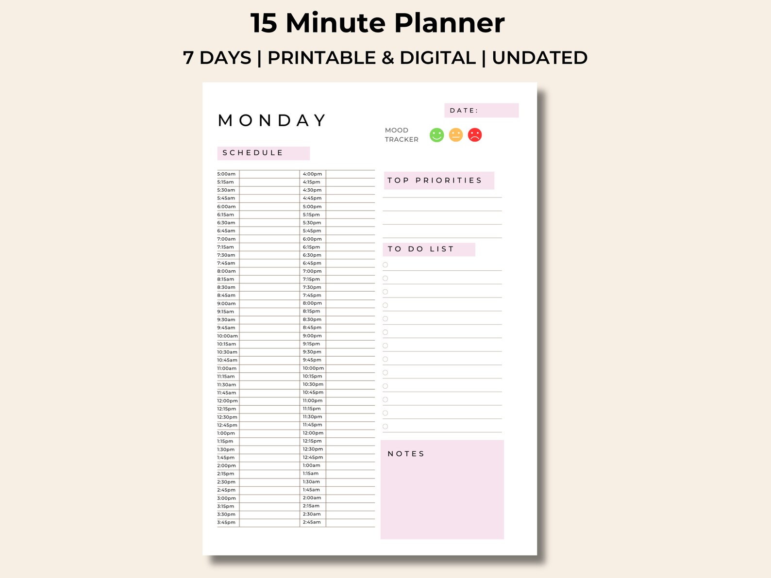 Daily Planner Printable Daily Schedule Template 15 Minute Interval ...
