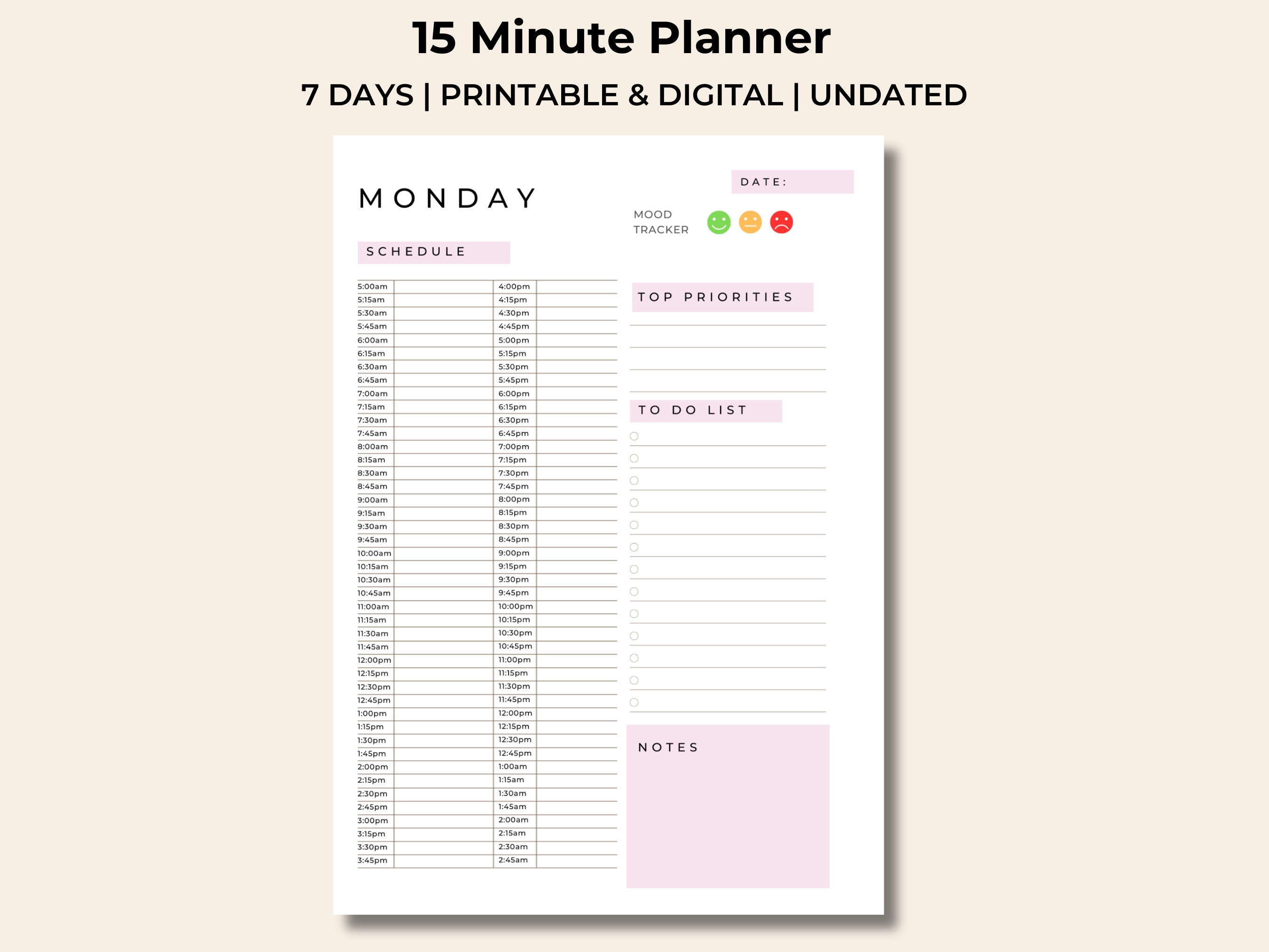 Daily Planner Printable Daily Schedule Template 15 Minute Interval ...