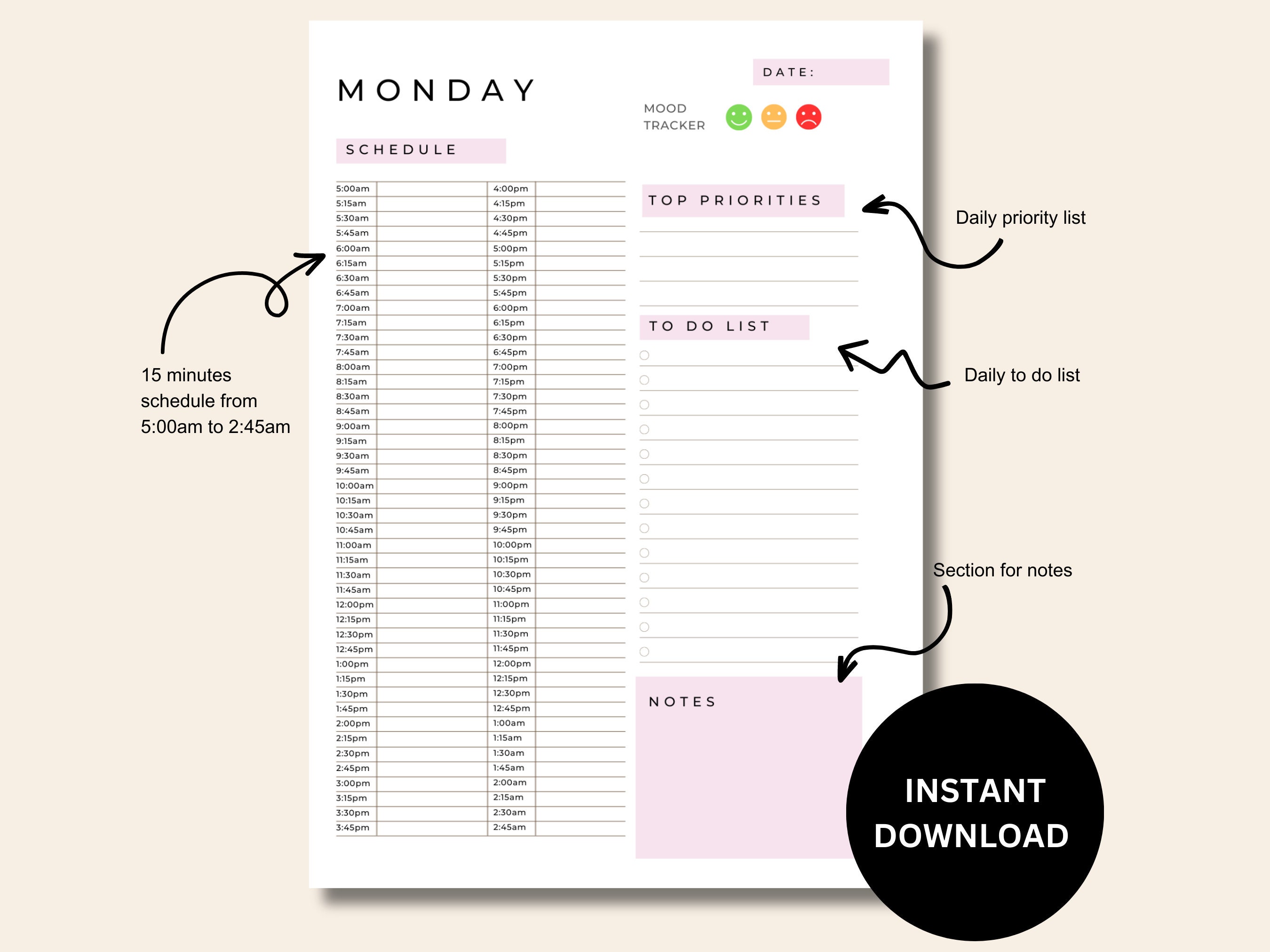 Daily Planner Printable Daily Schedule Template 15 Minute Interval ...