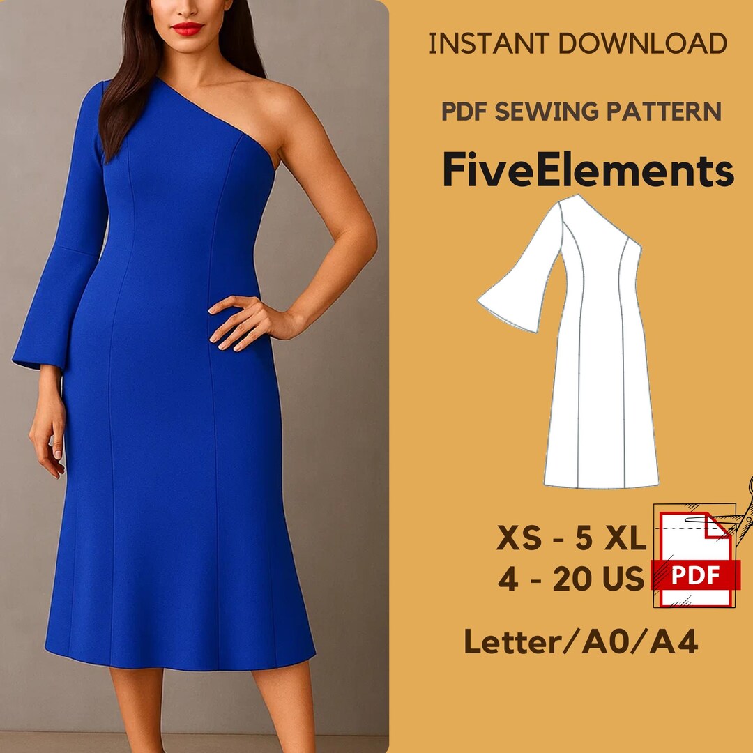 One Shoulder Dress Sewing Pattern | Asymmetric Flare Sleeve Dress ...