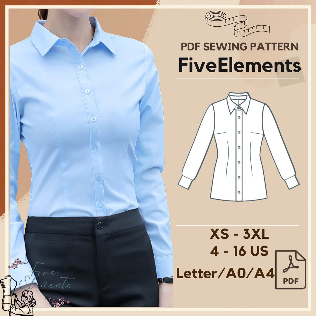 Women Casual Long Sleeve Blouse PDF Sewing Pattern Simple Office Shirt ...