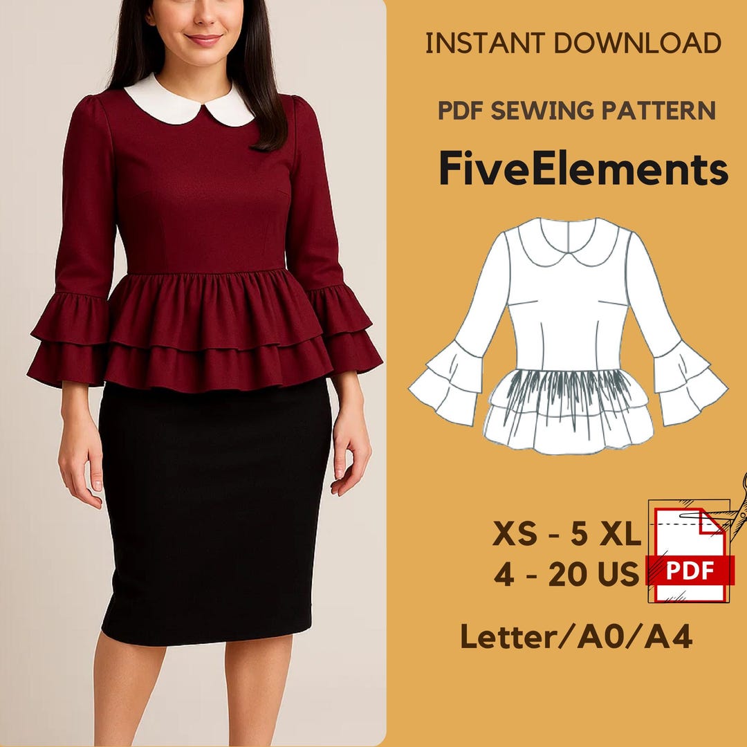 Ruffle Blouse Sewing Pattern | Peter Pan Collar Top With Double Ruffle ...