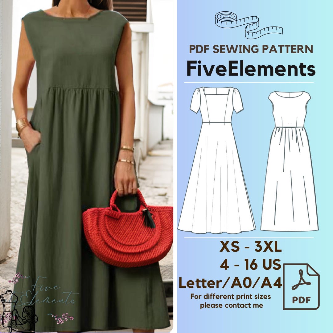 Linen Long Casual Dress Sewing Pattern Set Summer Ruffled Dress PDF ...