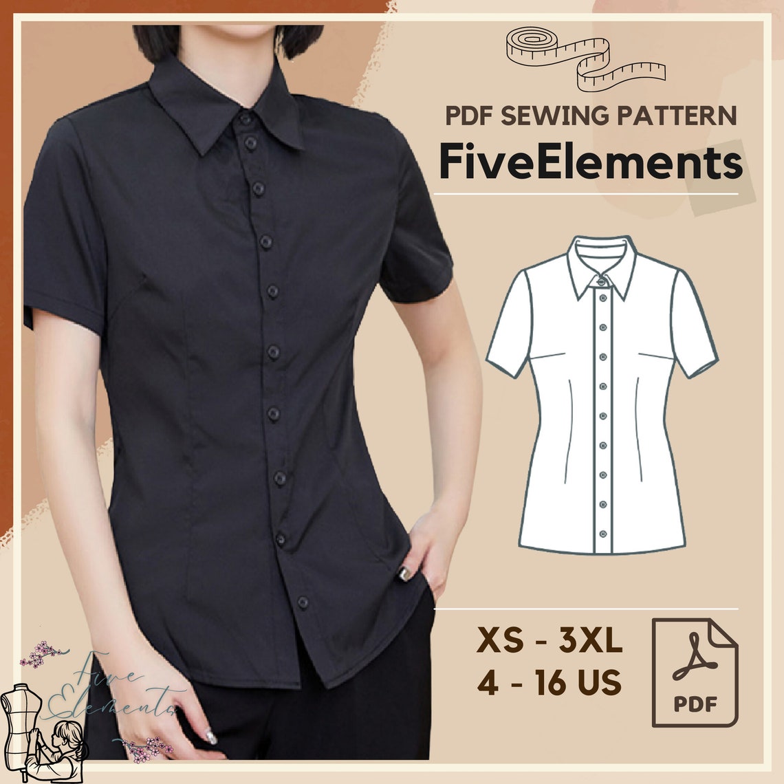 Short Sleeve Blouse PDF Sewing Pattern Button up Shirt PDF - Etsy