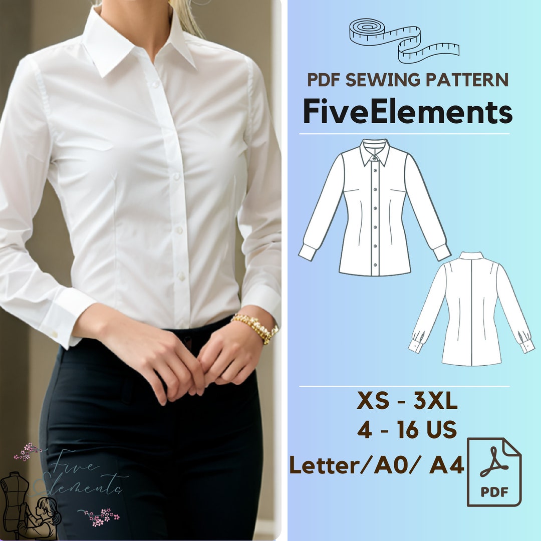 Women Casual Long Sleeve Blouse PDF Sewing Pattern Simple Office Shirt ...
