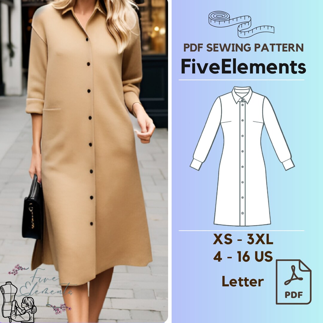 Women Button Down Long Tunic PDF Sewing Pattern Linen Blouse Dress PDF ...