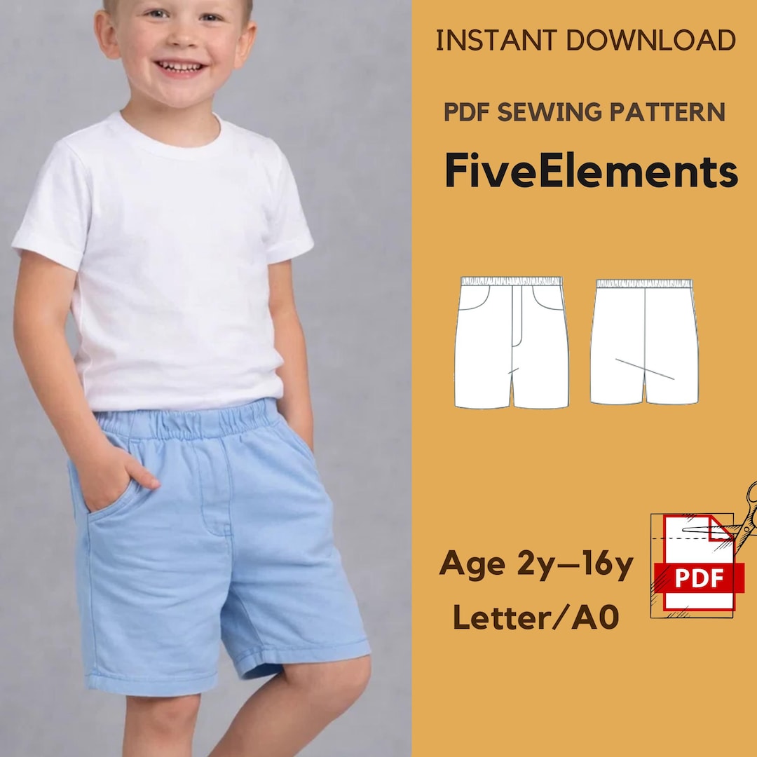 Boys Shorts Sewing Pattern PDF – Kids Elastic Waist Shorts 2–16Y ...