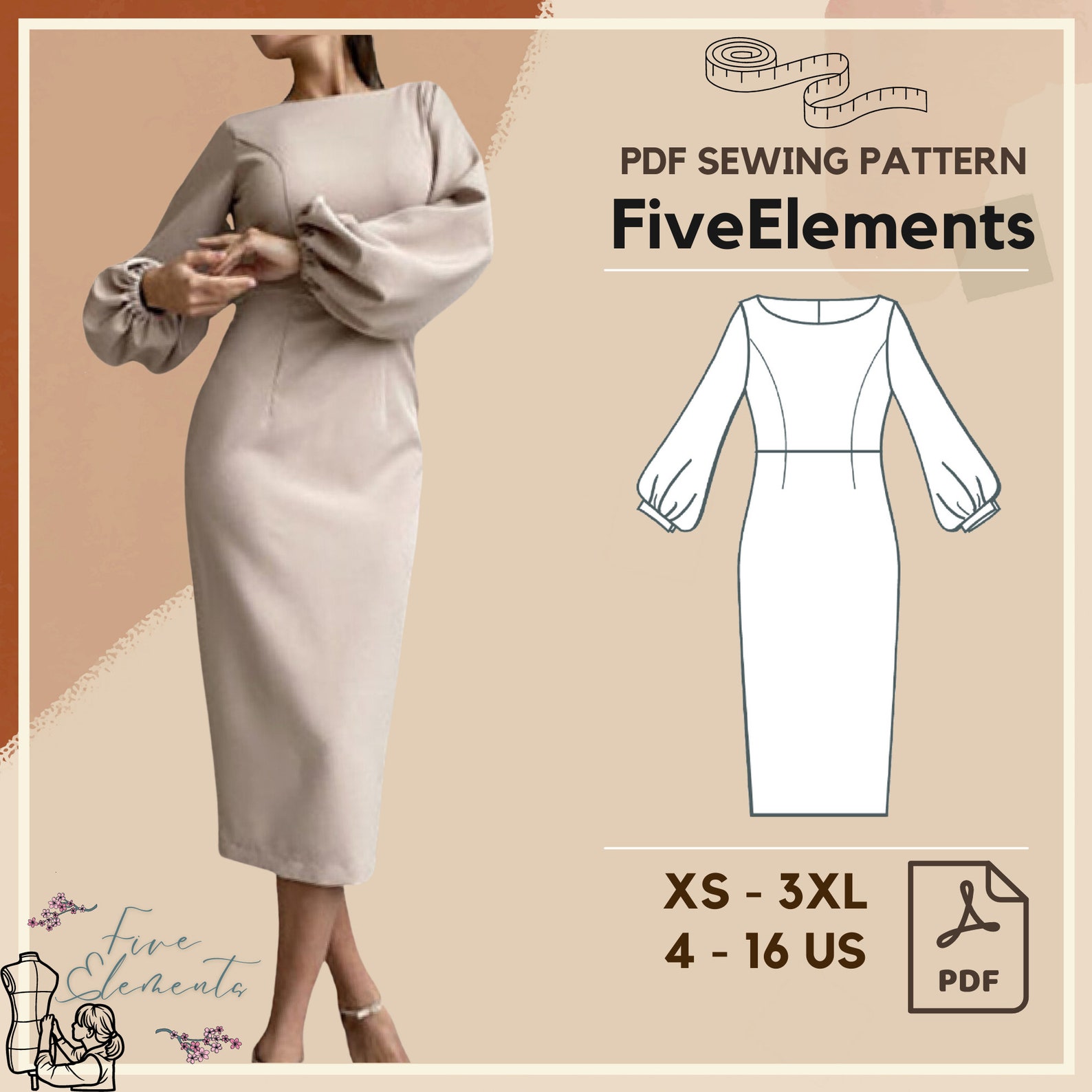 Women Puff Sleeve Dress PDF Sewing Pattern Long Bridesmaid - Etsy
