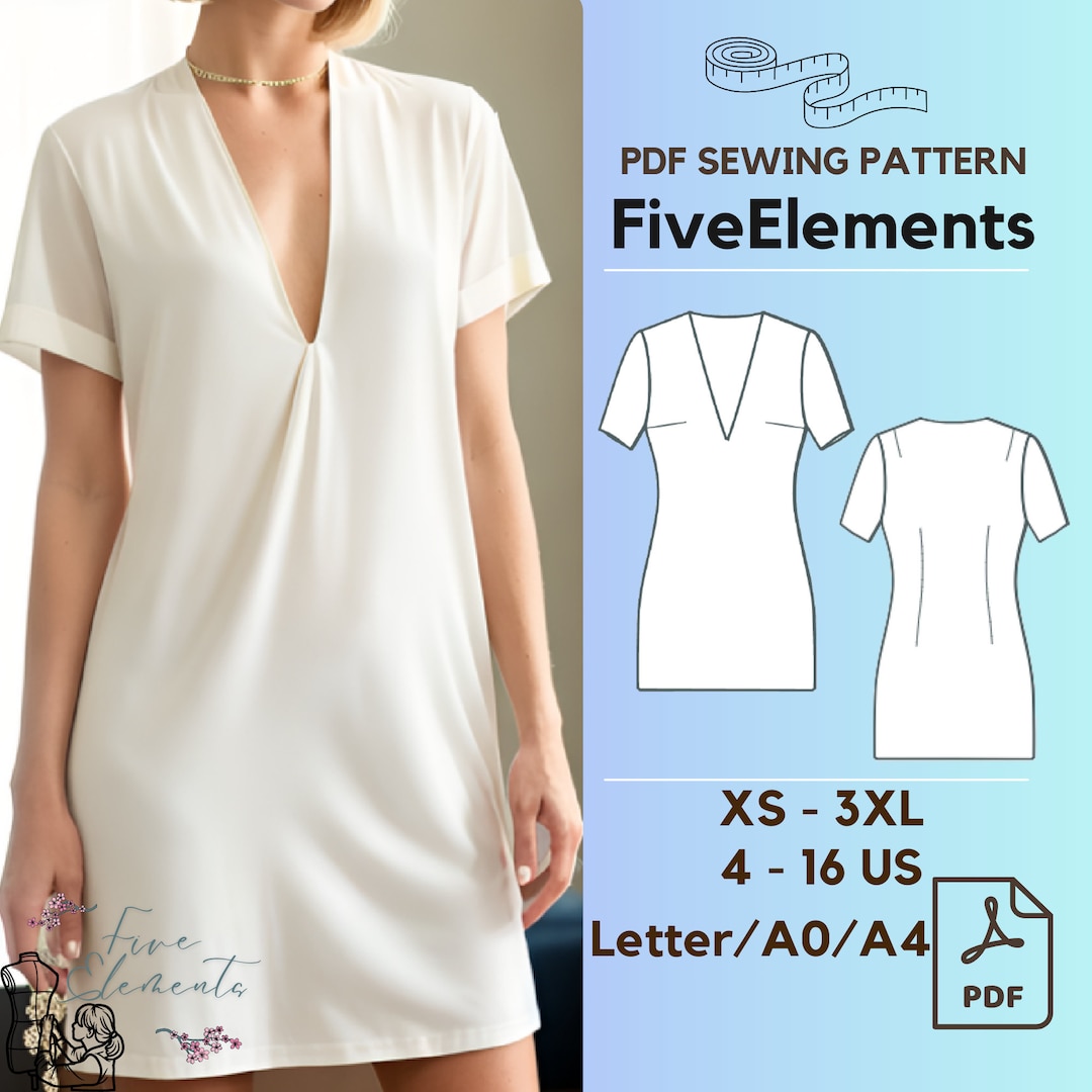 Short Sleeve V‑neck Dress Sewing Pattern – PDF Midi Dress Short Sleeve ...