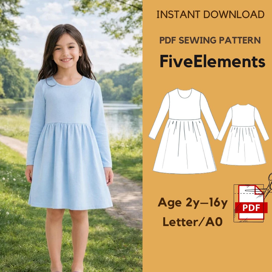Girls Long Sleeve Dress Sewing Pattern | Kids Everyday Dress PDF ...