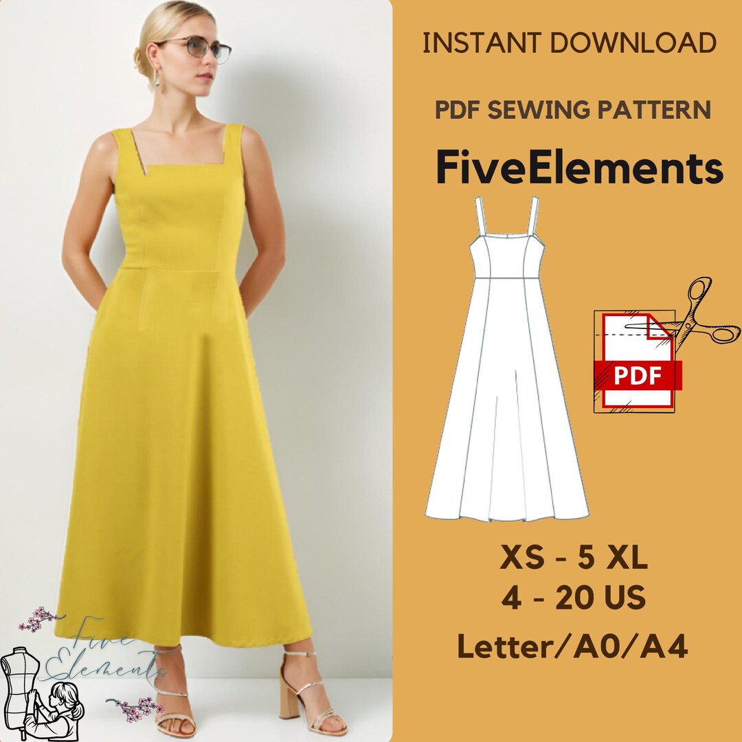 Square Neck Dress Basic Maxi Dress Pattern PDF Open Back Dress Pattern ...