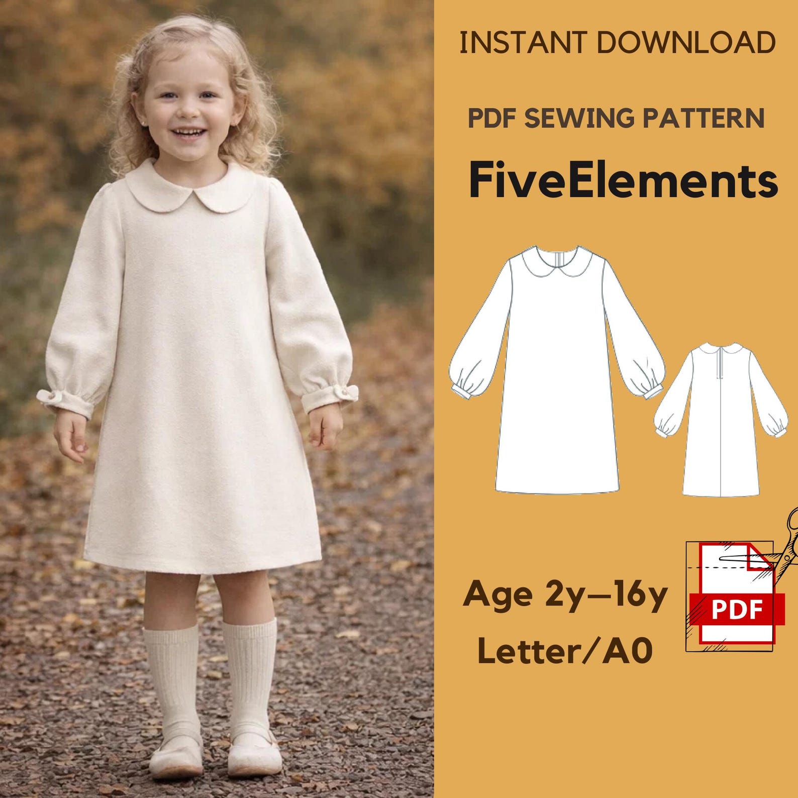 Girls Peter Pan Collar Dress Sewing Pattern | Long Sleeve A-line Dress ...