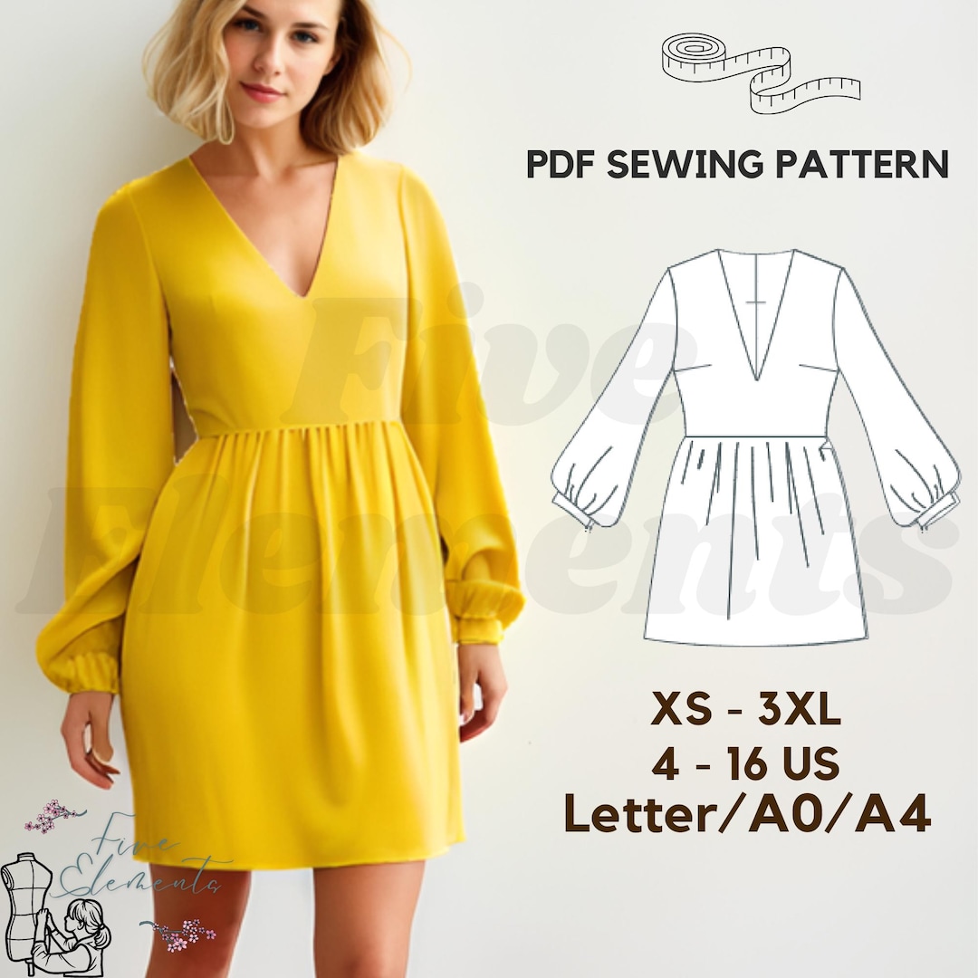 Digital Dress Pattern Sewing Pattern PDF V-neck Dress Gathered Skirt ...