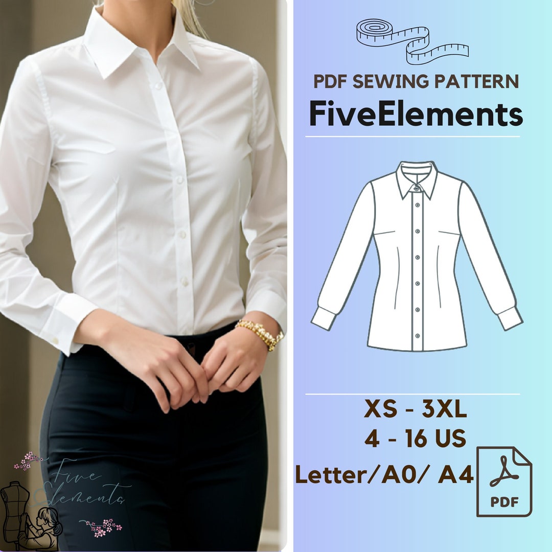 Women Casual Long Sleeve Blouse PDF Sewing Pattern Simple Office Shirt ...