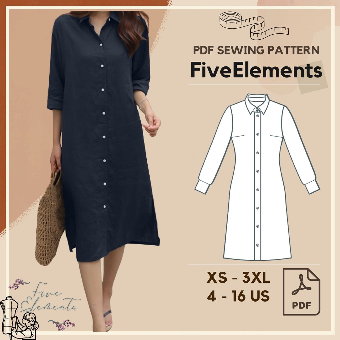 Women Button Down Long Tunic PDF Sewing Pattern Linen Blouse Dress PDF ...