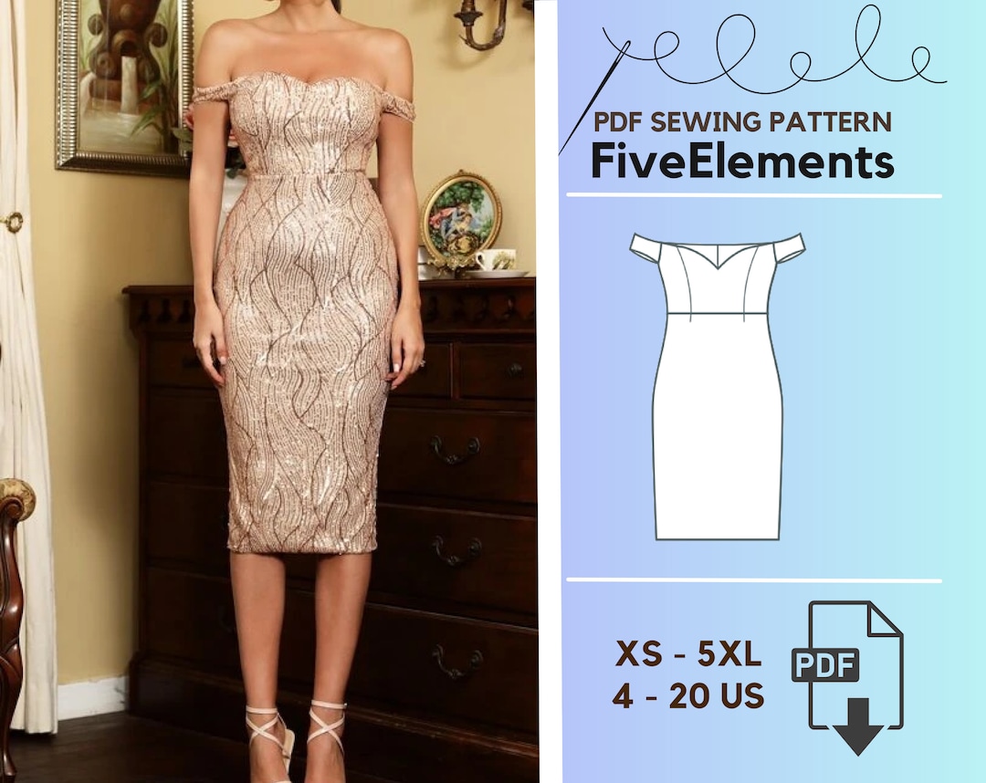 Off Shoulder Pencil Dress Sewing Pattern, Slim Fit V Neck Dress PDF ...