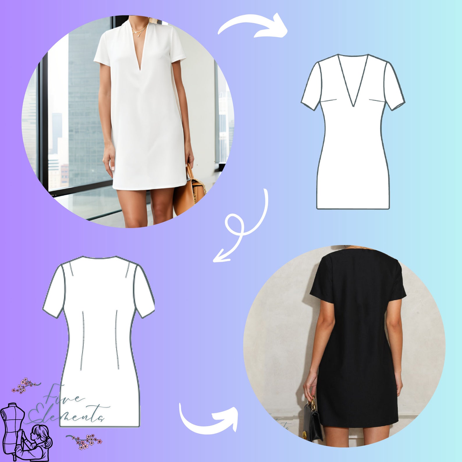 Short Sleeve V‑neck Dress Sewing Pattern – PDF Midi Dress Short Sleeve ...