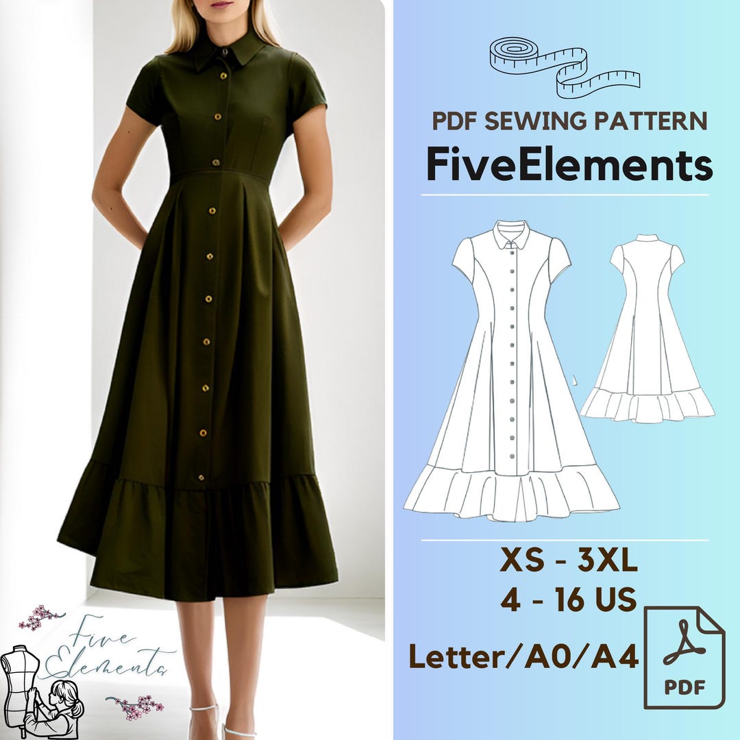 Ruffle Dress Sewing Pattern | Vintage Button Front PDF Sewing Pattern ...