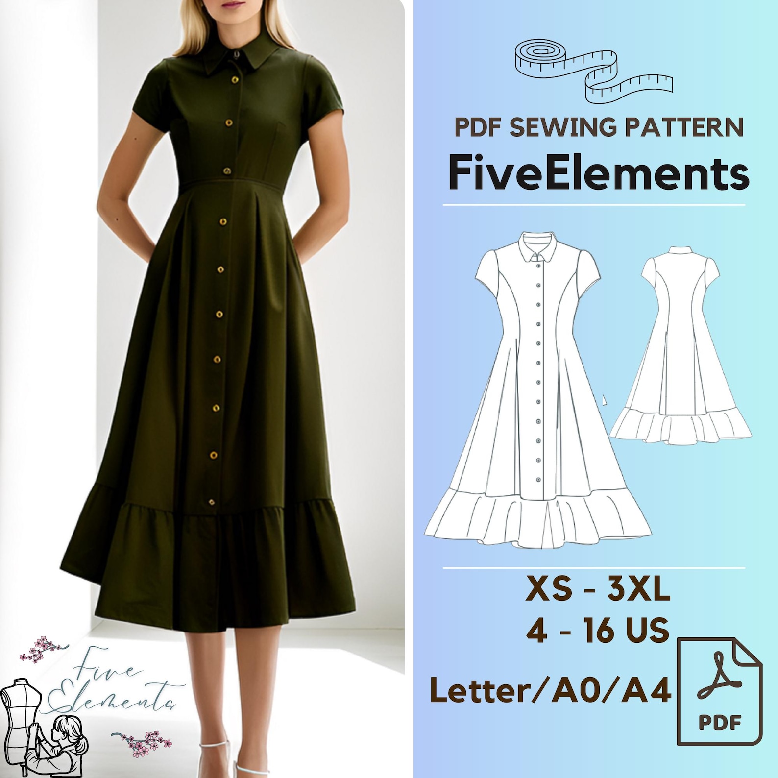 Ruffle Dress Sewing Pattern | Vintage Button Front PDF Sewing Pattern ...