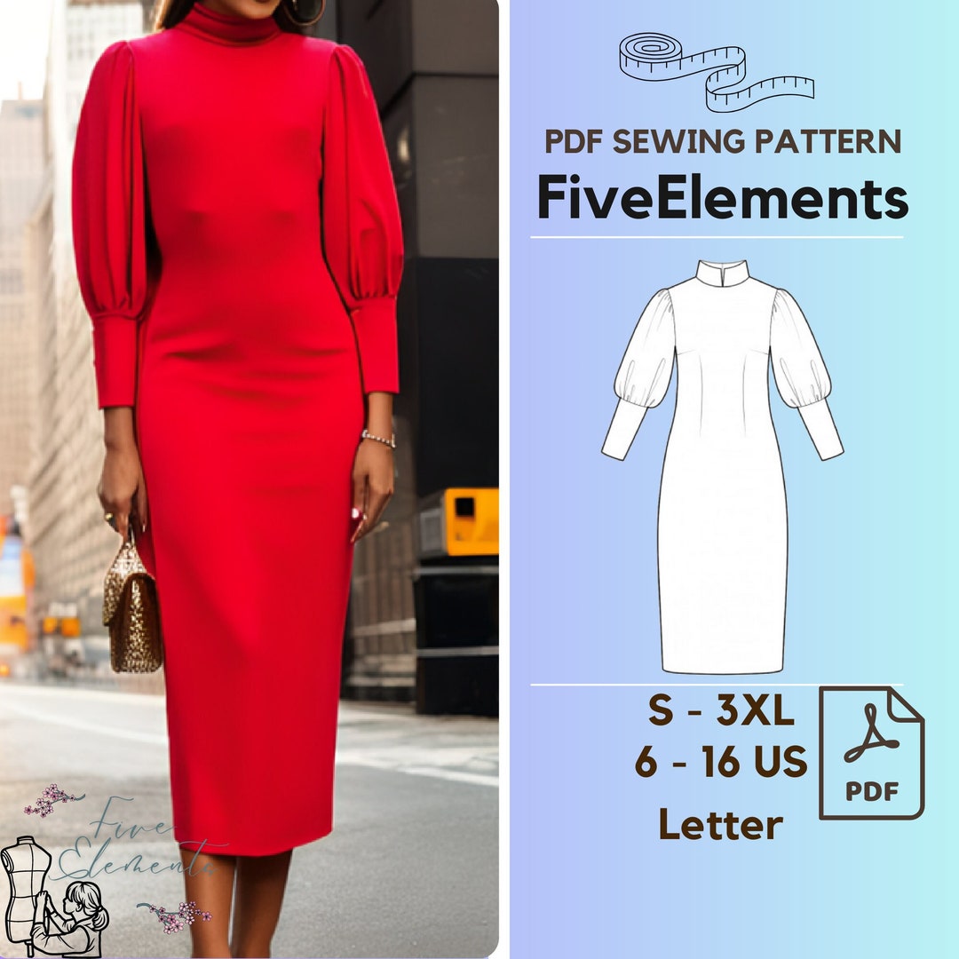 Puff Sleeve Dress PDF Sewing Pattern Women Wedding Guest Dress Pattern ...