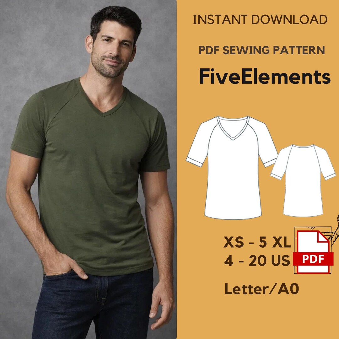 Men’s V Neck T Shirt Sewing Pattern PDF XS–5XL | Raglan Sleeve Tee ...