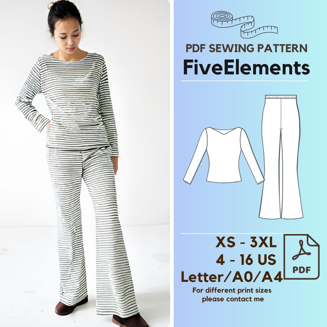 Pajama Set Sewing Pattern: Loose Blouse & Palazzo Pants (PDF Pattern ...