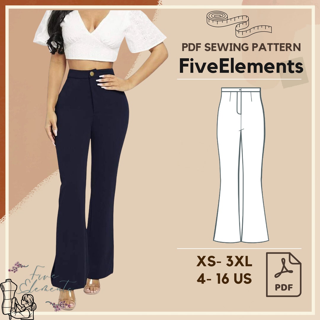 Women High Waist Pants Sewing Pattern, Linen Button Trousers PDF ...