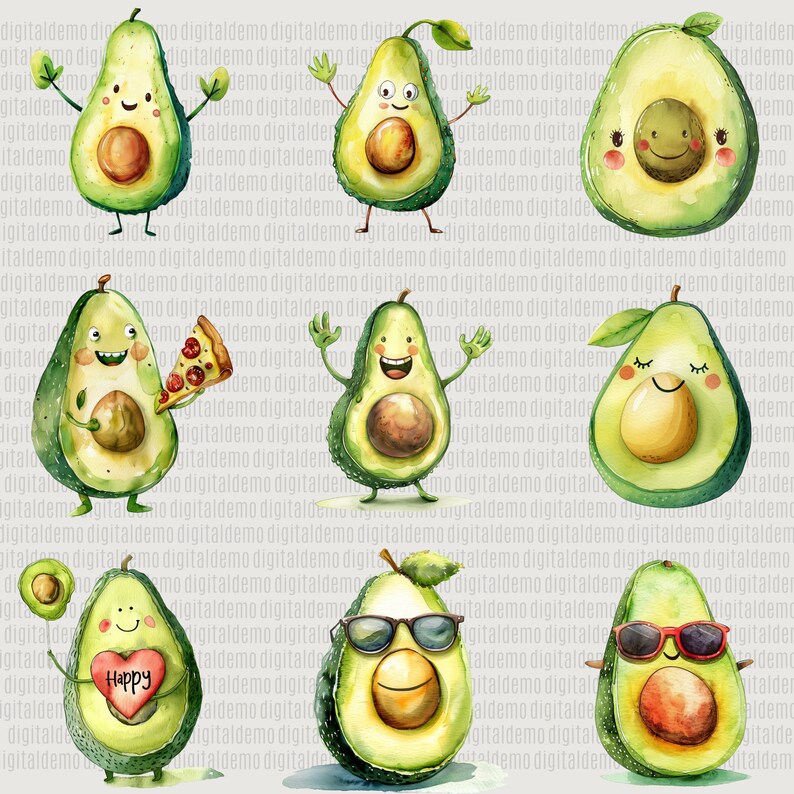 50 Watercolor Happy Avocado Clipart PNG Bundle - - Personal and ...