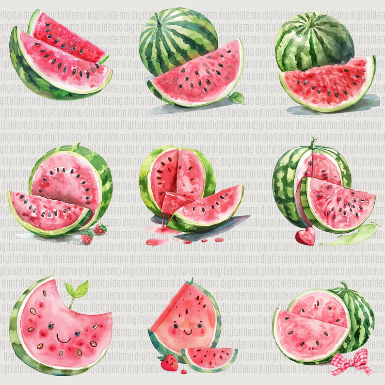 50 Watercolor Pink Watermelon Clipart PNG Bundle - - Personal and ...
