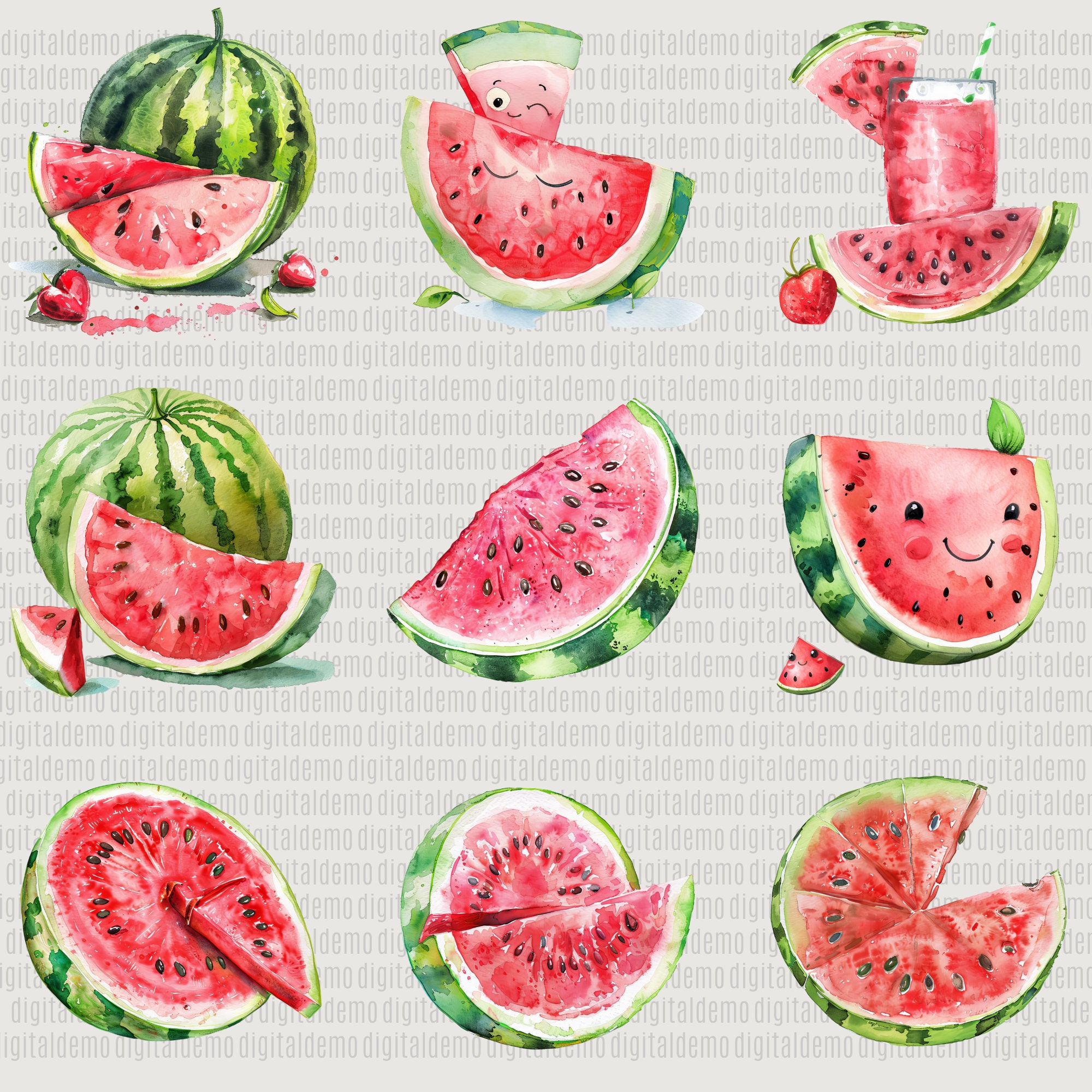 50 Watercolor Pink Watermelon Clipart PNG Bundle - - Personal and ...
