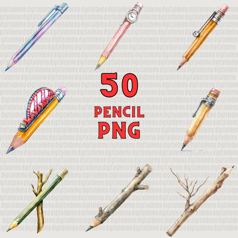 50 Watercolor PENCIL Clipart PNG Bundle - - Personal and Commercial Use ...