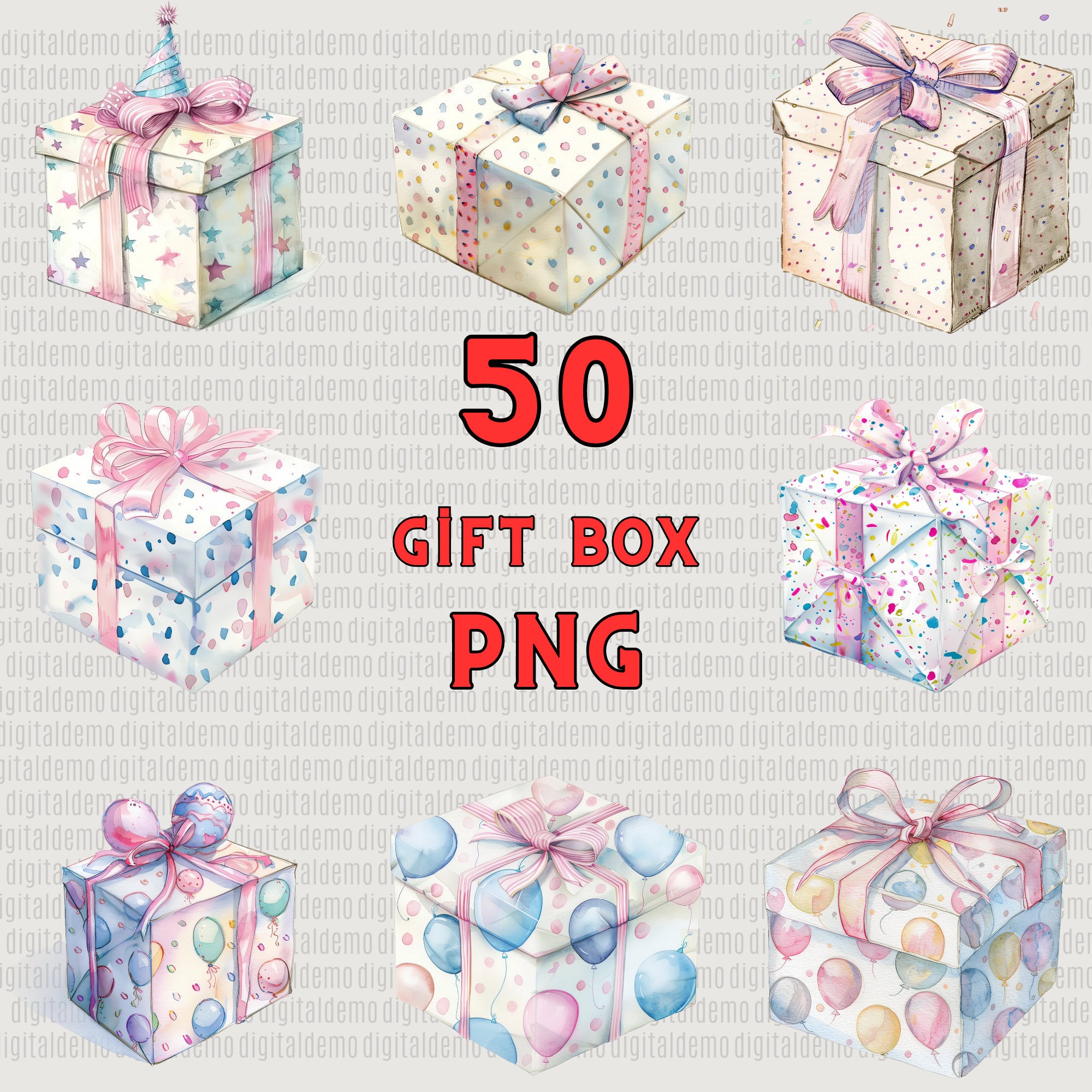 50 Watercolor Gift Box Clipart PNG Bundle Personal and Commercial Use ...