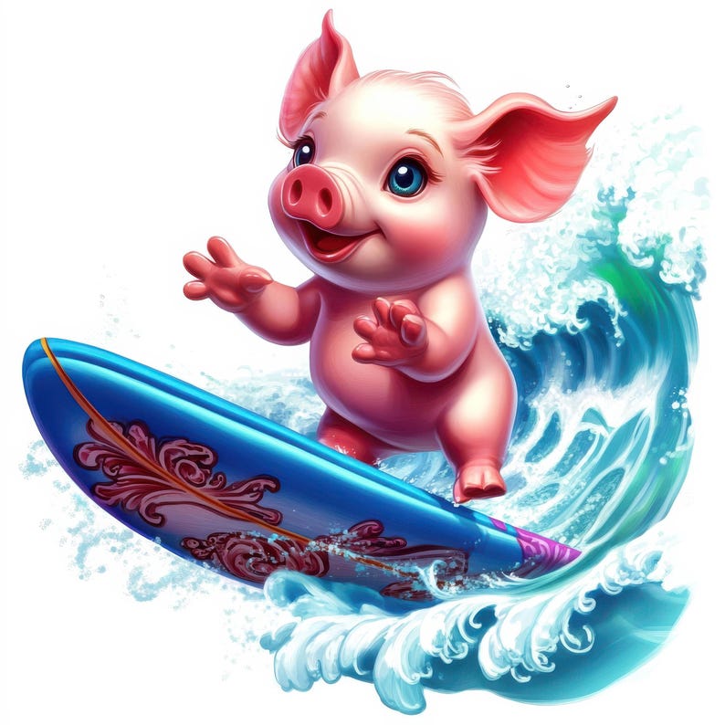 21 Piggy Surfing Clipart | Adorable Pig on a Surfboard for Summer Beach ...