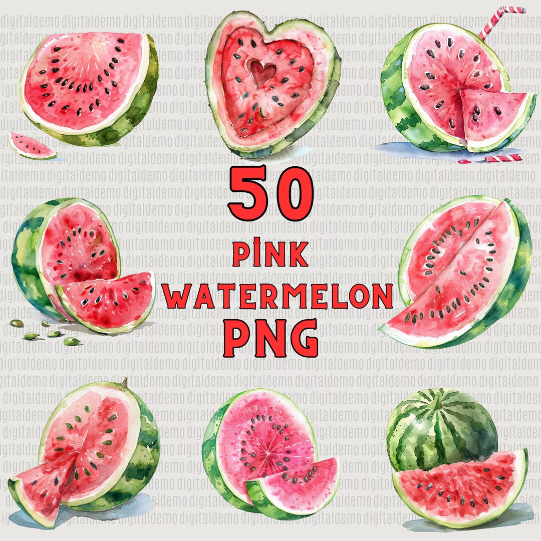 50 Watercolor Pink Watermelon Clipart PNG Bundle - - Personal and ...
