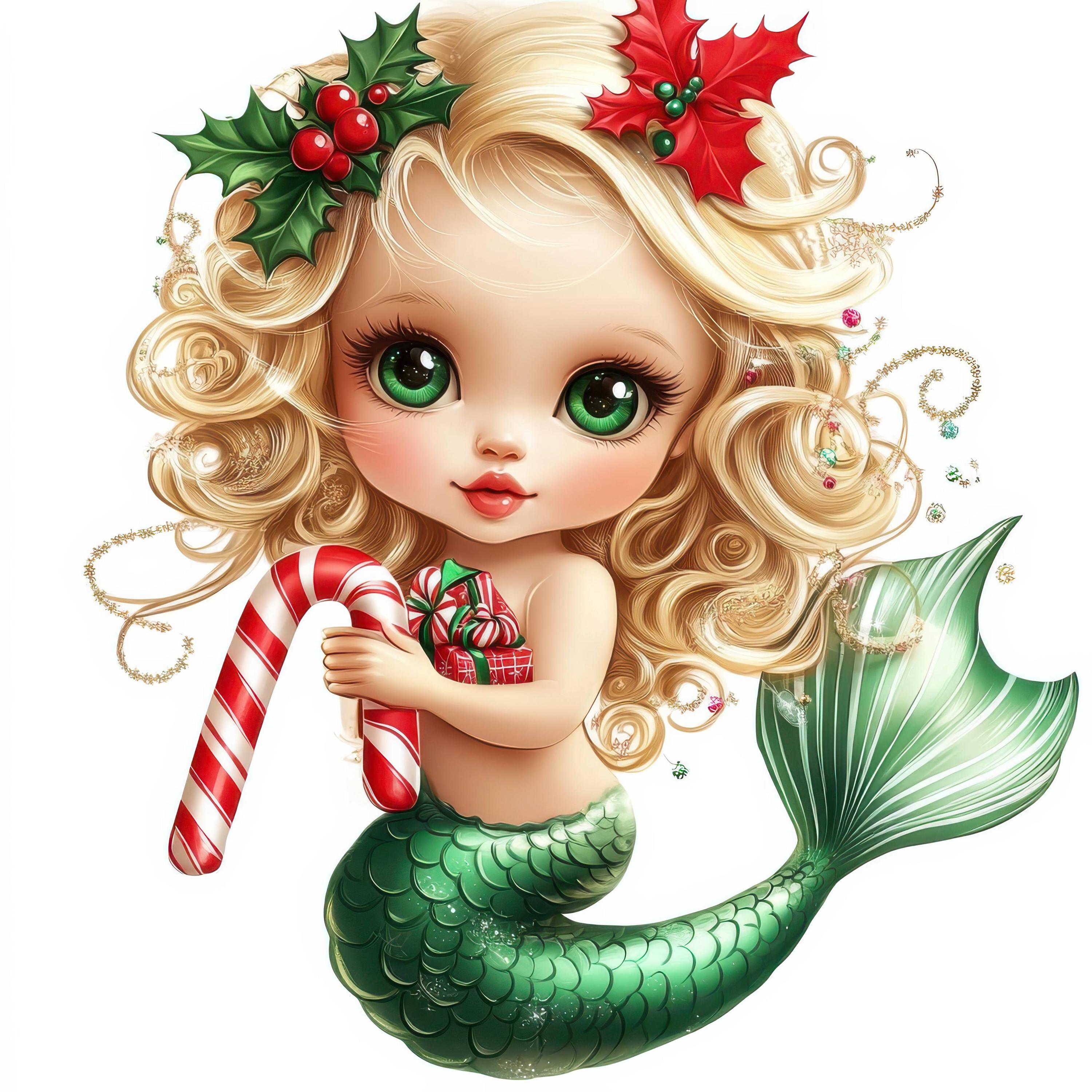 24 Christmas Mermaid Clipart | Festive Watercolor Mermaids | Holiday ...
