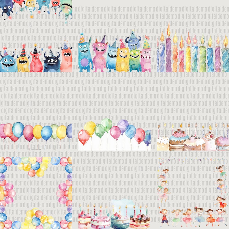 50 Watercolor Birthday Party Borders and Frames Clipart PNG Bundle ...